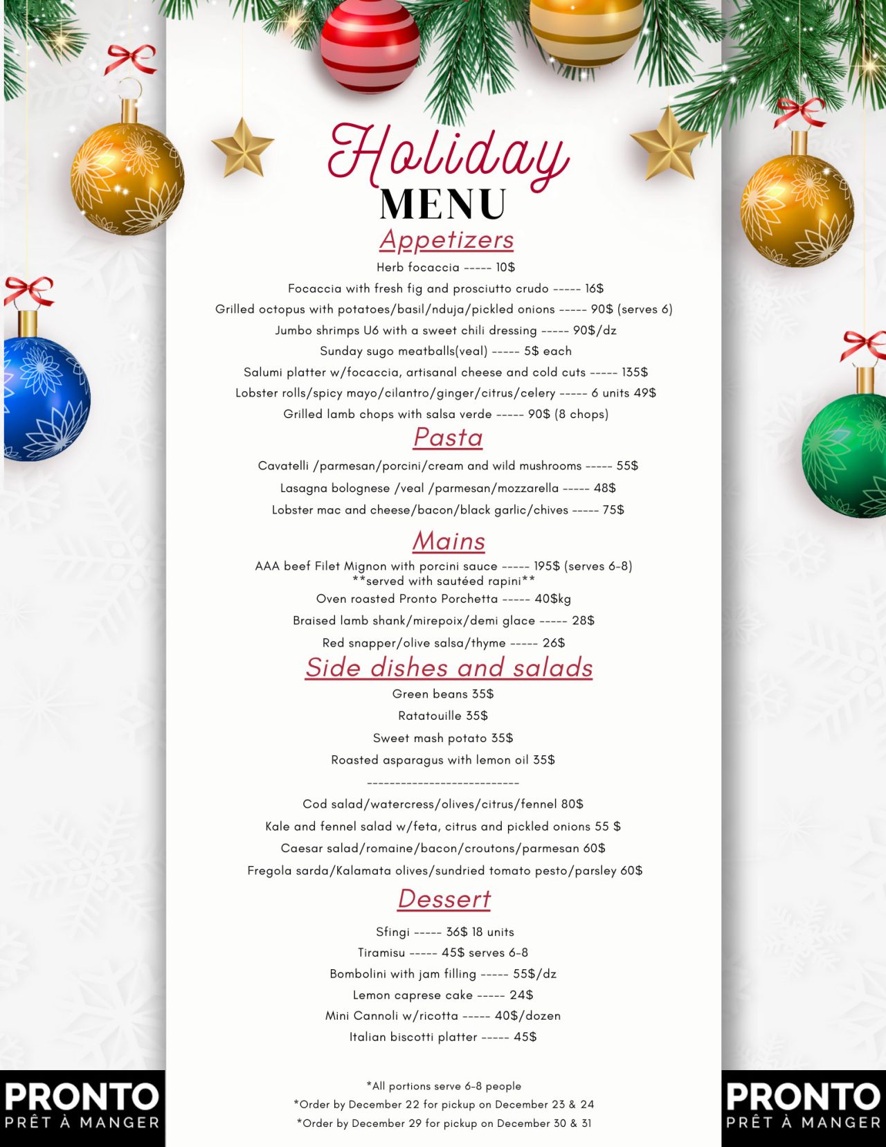 Holiday menu | Pronto